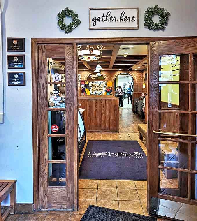 Gather Here reads the sign above the entrance, and who are we to argue with such wise breakfast philosophy? The brick archways beckon like portals to pancake paradise.