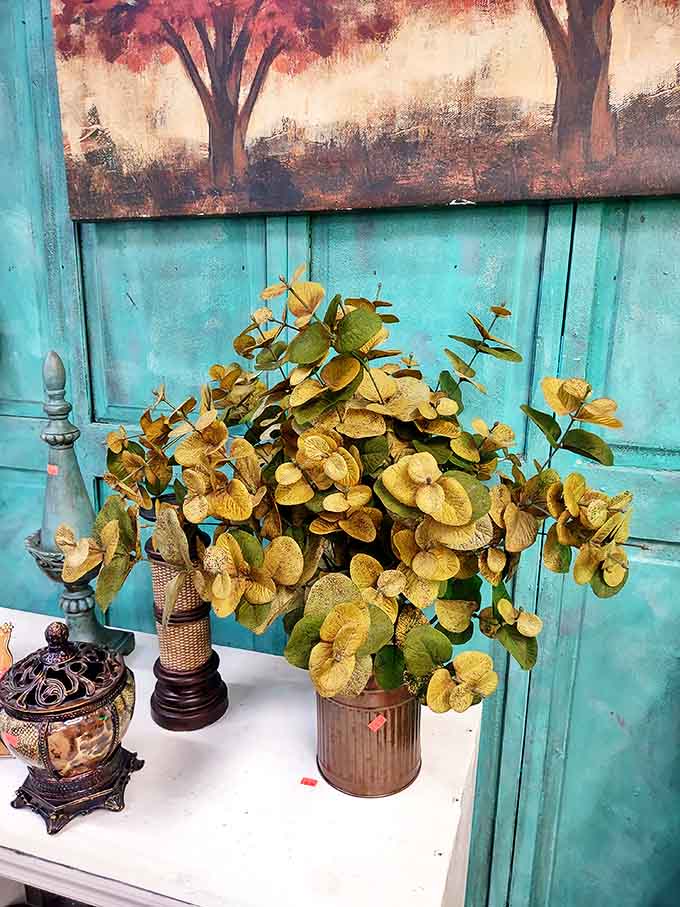 That turquoise cabinet backdrop creates the perfect stage for artificial plants and decorative items seeking new homes.