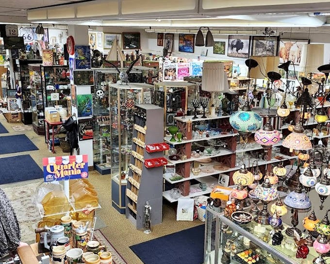 A bird's-eye view of organized chaos&mdash;where colorful lamps and delicate glassware create a landscape of possibility for the patient explorer.