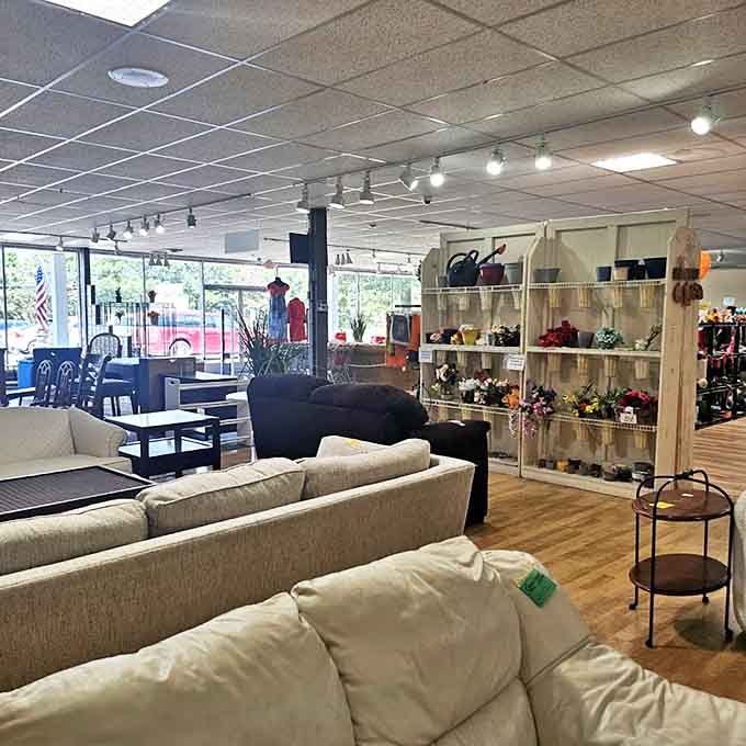 The furniture section offers plush seating possibilities bathed in natural light—where someone else's "no longer sparks joy" becomes your living room's new best friend.