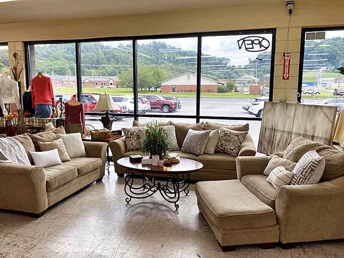 Sunlight streams through windows onto a showroom-worthy furniture arrangement. This isn't your grandmother's thrift store&mdash;unless your grandmother had excellent taste.