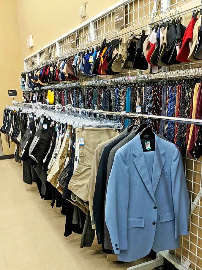 The men's section: where that perfect powder blue blazer waits patiently for someone brave enough—or ironic enough—to give it a second chance.
