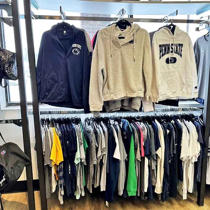 Penn State pride lives on these racks, where collegiate gear gets a second chance to cheer on the Nittany Lions.
