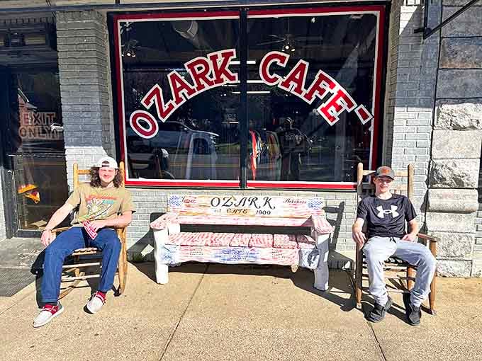 The sidewalk bench outside Ozark Cafe: where full bellies rest and stories are exchanged. Small-town Arkansas hospitality extends right onto the street.