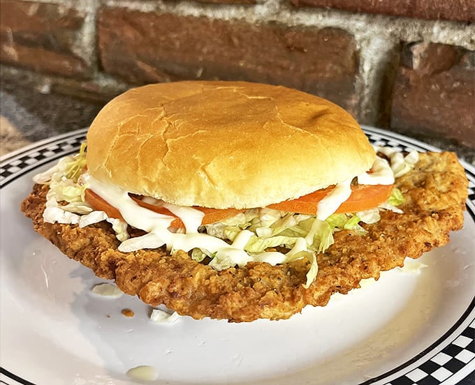 The pork tenderloin sandwich that's having an identity crisis—it thinks it's a frisbee but tastes like heaven between two buns.