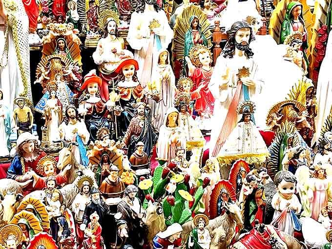 Religious figurines standing in silent judgment of your other purchases. The ultimate collection of spiritual tchotchkes for every denomination.