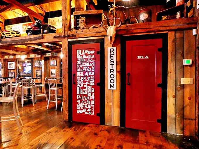 Even the restroom signs have personality. In barbecue language, "BLA" clearly translates to "Be right back, Loading up Again."