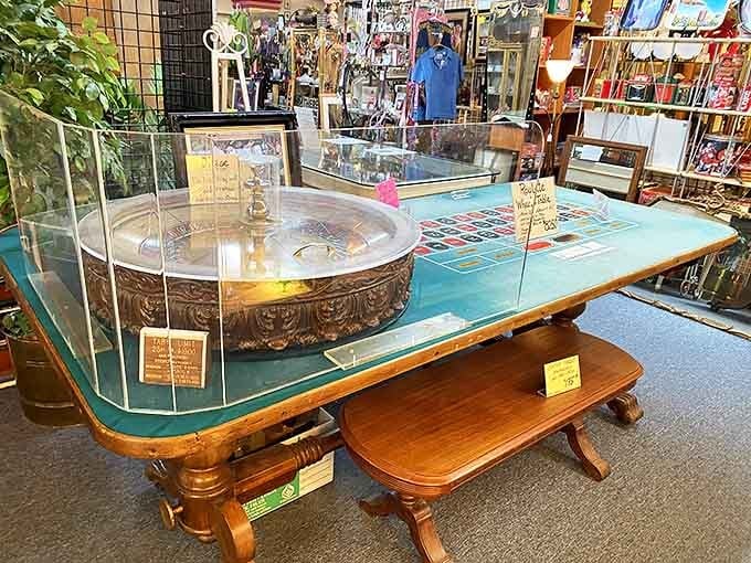 Casino memorabilia that captures Nevada's glitzy history. This vintage roulette table probably witnessed more drama than a season of Vegas-based TV shows.