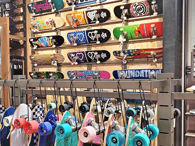 Skateboards and longboards displayed like modern art. For when you want to look cool falling down in the parking lot after spending all your money.