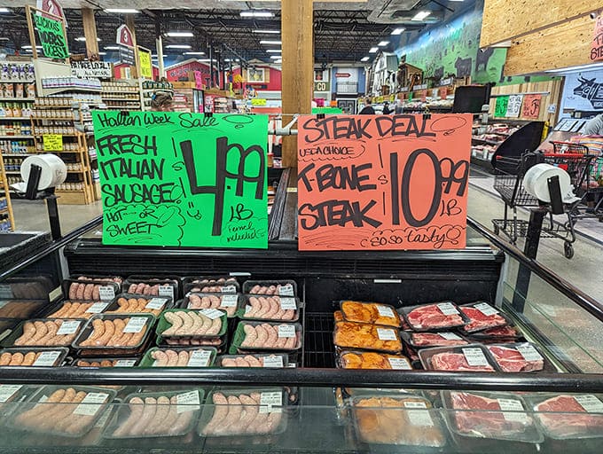 Handwritten signs that scream "deal" louder than any digital display ever could. That T-bone is practically begging to meet your grill.