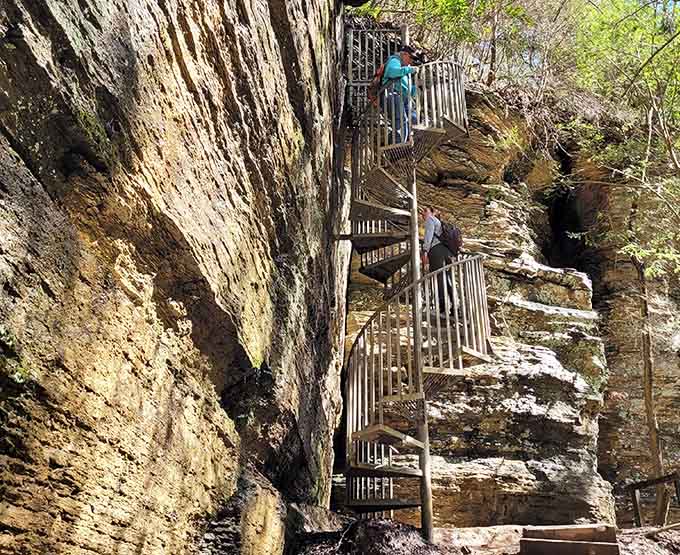 These spiral stairs aren't just a path—they're a stairway to natural heaven, hugging ancient rock faces that tell Earth's oldest stories.