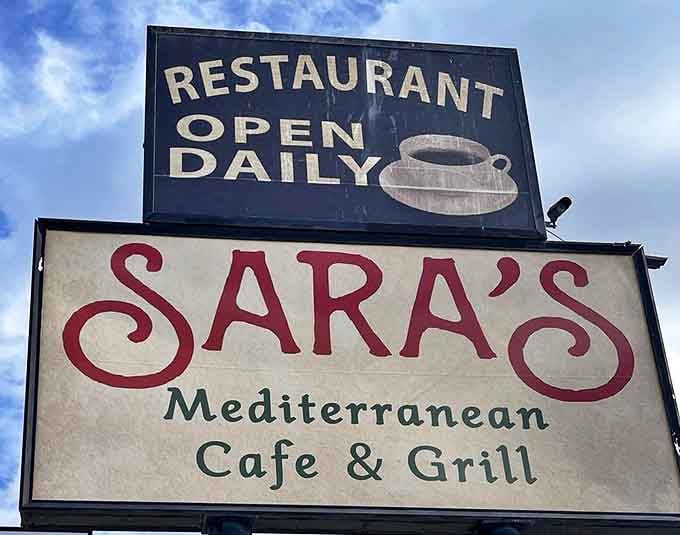 The sign stands proud against the New Mexico sky, a beacon for hungry travelers seeking something beyond the usual southwestern fare.