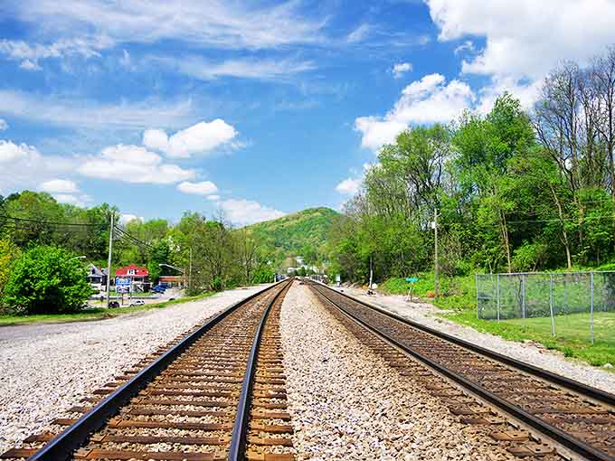 Railroad tracks stretch toward distant mountains, a reminder of Bluefield's nickname as the "Gateway to the Coalfields."