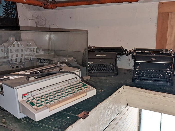 Vintage typewriters stand like museum pieces, reminding us of an era when writers hammered out masterpieces one satisfying keystroke at a time.