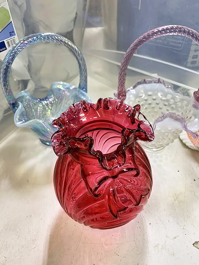 This crimson glass basket isn't just a vase&mdash;it's mid-century art waiting to brighten a windowsill and catch the afternoon light.