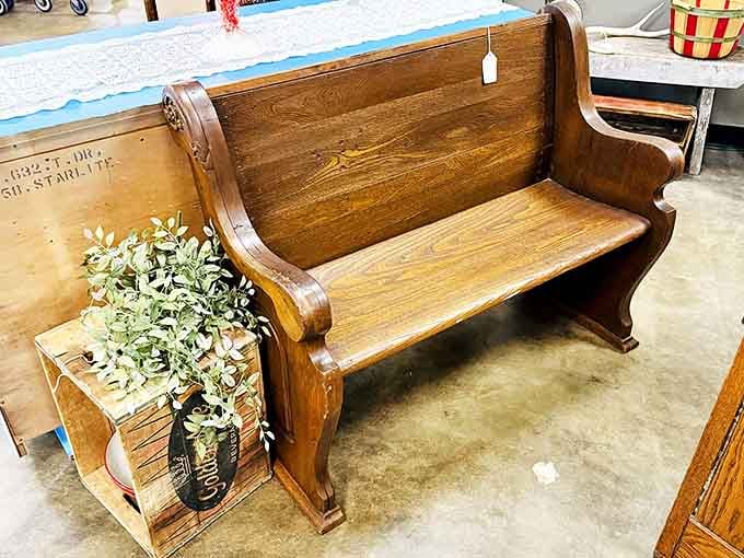 Not just a bench&mdash;it's a church pew with stories to tell. Imagine the sermons, weddings, and Sunday best it's witnessed.