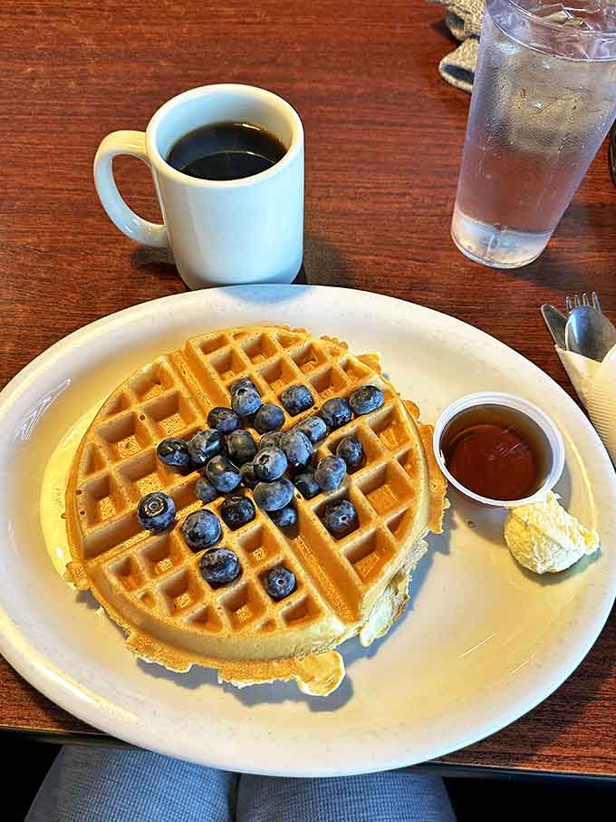 This golden waffle topped with blueberries isn't just breakfast &ndash; it's nature's perfect geometry lesson on a plate.