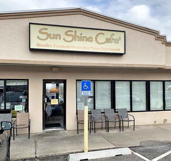 The entrance where hungry patrons have been making life-altering breakfast decisions for years &ndash; "Hippies Use Backdoor" sign included.