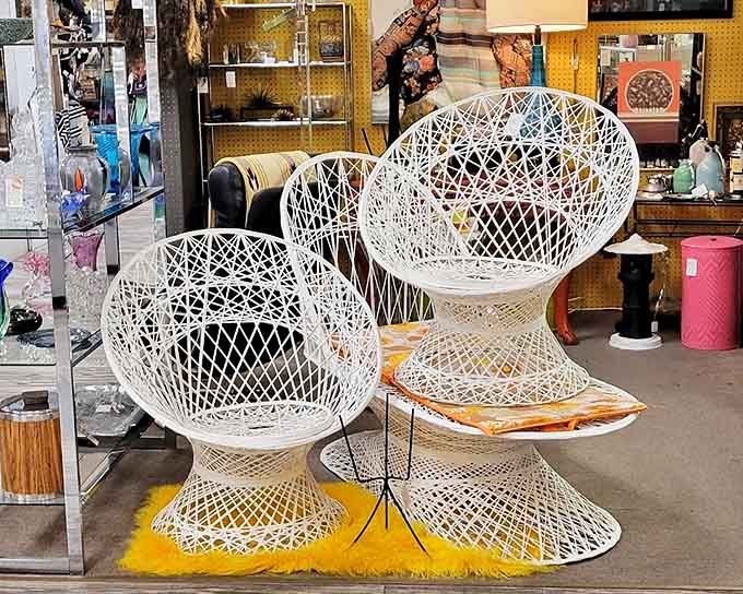 These white wicker peacock chairs aren't just furniture &ndash; they're 1970s status symbols waiting to become the Instagram backdrop of your bohemian dreams.