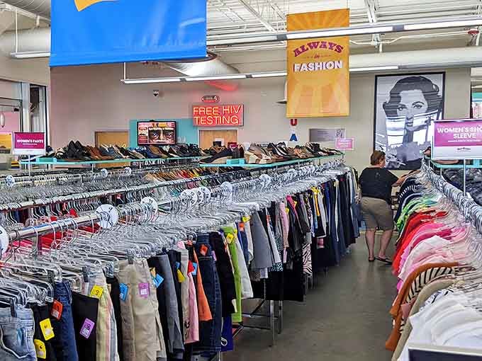 Fashion treasure hunters, take note! The women's section is meticulously organized with color-coded tags indicating additional discounts on already bargain prices.