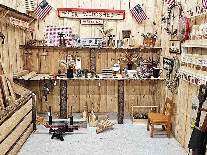 The "T&R Woodshed" booth transforms rustic simplicity into country charm, where handcrafted wooden items stand ready to add authentic Appalachian character to any home.