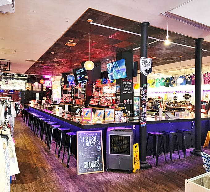 The unexpected twist&mdash;a full bar nestled among vintage treasures. Shop with a cocktail in hand because adulting should come with perks.