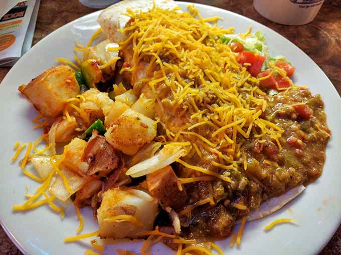 A plate that laughs in the face of portion control. This burrito with potatoes and chili is Wyoming's answer to "I'm not hungry again until tomorrow."
