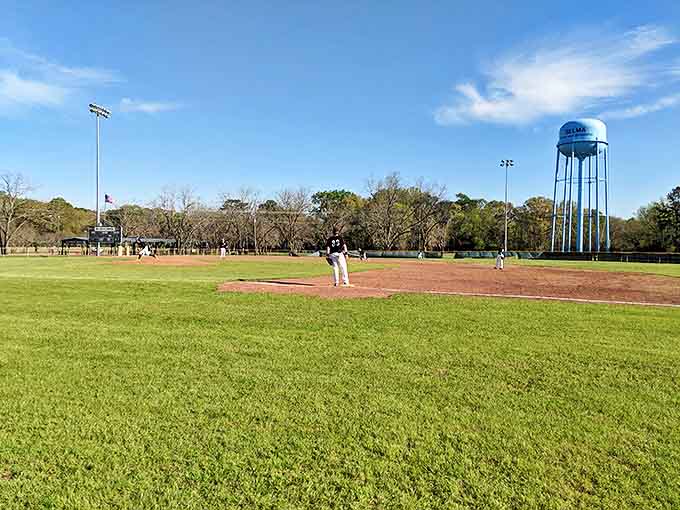 America's pastime looks especially picturesque with Selma's water tower standing sentinel in the outfield. Baseball and small towns&mdash;a perfect match.
