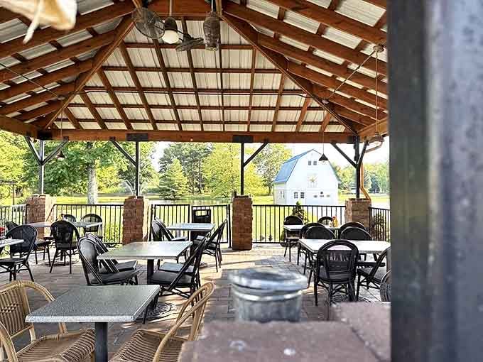 The covered patio offers al fresco dining with protection from Indiana's unpredictable weather&mdash;because rain shouldn't come between you and your tenderloin.