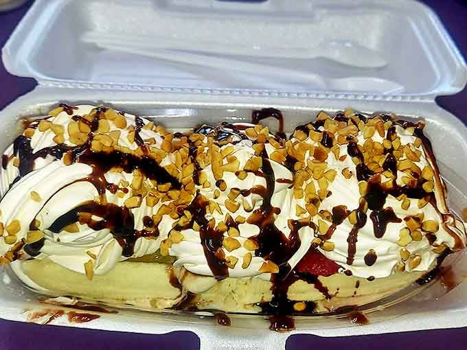 Dessert drama at its finest&mdash;this banana split doesn't whisper sweet nothings, it shouts them from beneath mountains of whipped cream and chocolate drizzle.