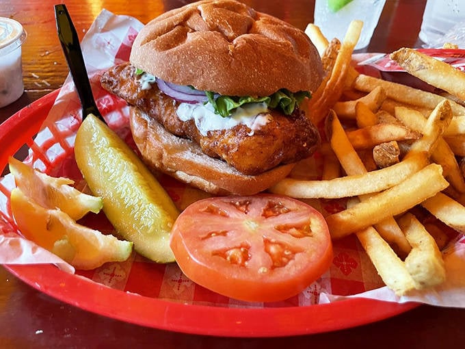 A fried fish sandwich that would make Poseidon himself swim to shore. Crispy, flaky, and perfectly nestled in that pillowy bun.