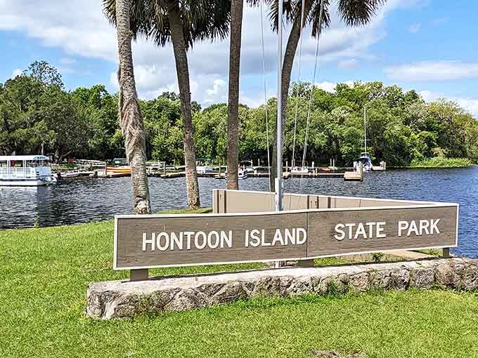 Hontoon Island State Park's entrance sign is your invitation to discover Old Florida's natural splendor, accessible only by boat or ferry.