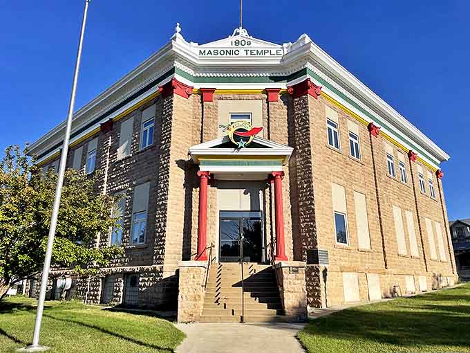 The 1909 Masonic Temple stands as a testament to Rawlins' prosperity during the railroad era, its stonework still impressive over a century later.