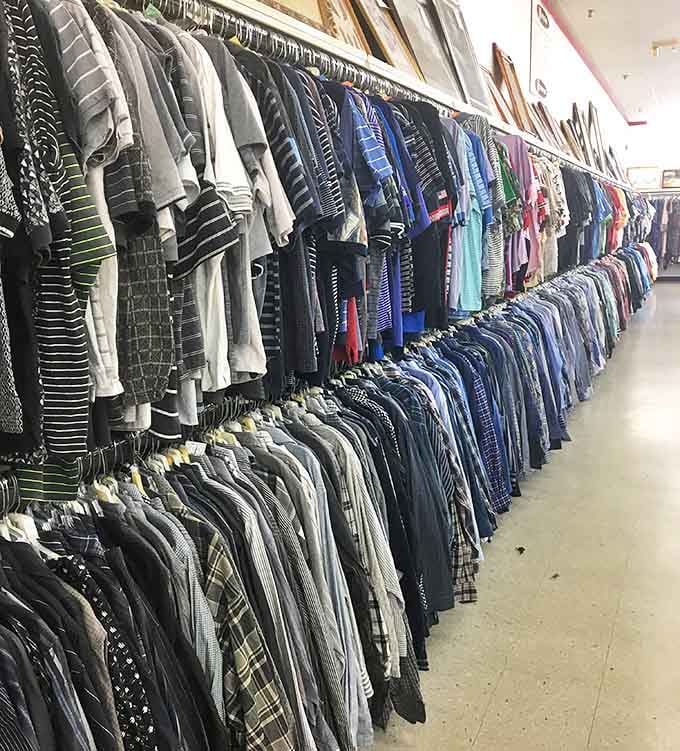 The men's department hangs with quiet dignity, offering button-downs and polos that have already survived the first washing.