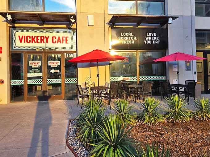 Red umbrellas stand guard over outdoor tables where the Fort Worth sunshine and chicken fried steak make for perfect companions.
