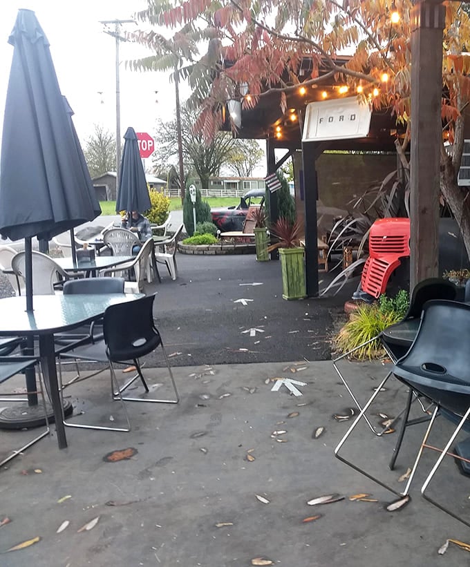 The outdoor patio, with its string lights and casual seating, becomes magical at dusk &ndash; the perfect setting for savoring every last bite.