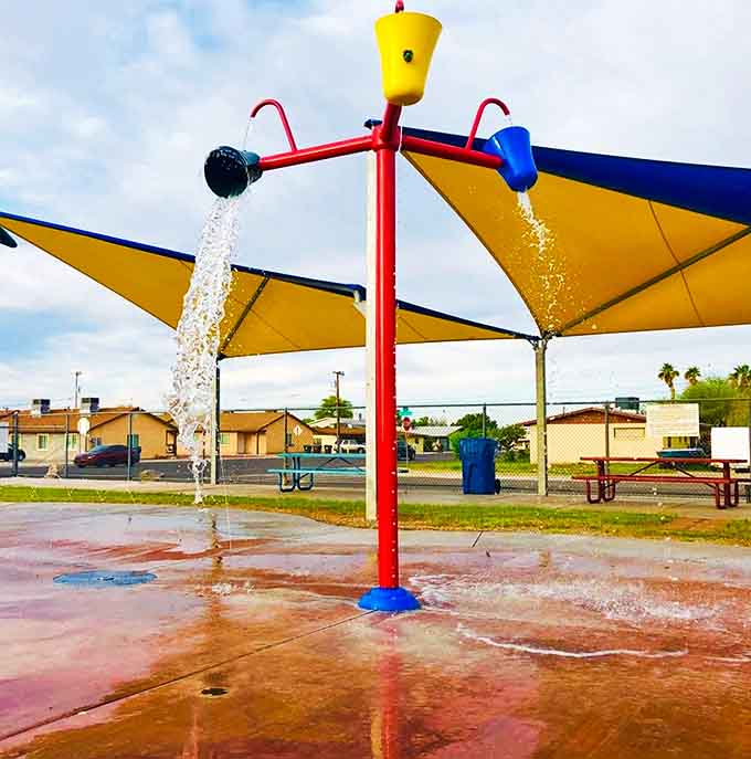 Cooling off, Parker-style. This colorful splash pad proves that desert communities know exactly how to make summer bearable for families with young children.