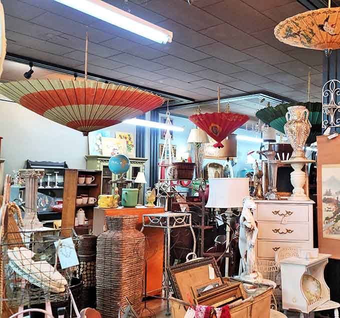 Treasure hunters rejoice at The Shady Lady, where vintage parasols hang above a wonderland of curiosities that would make any collector's heart race.