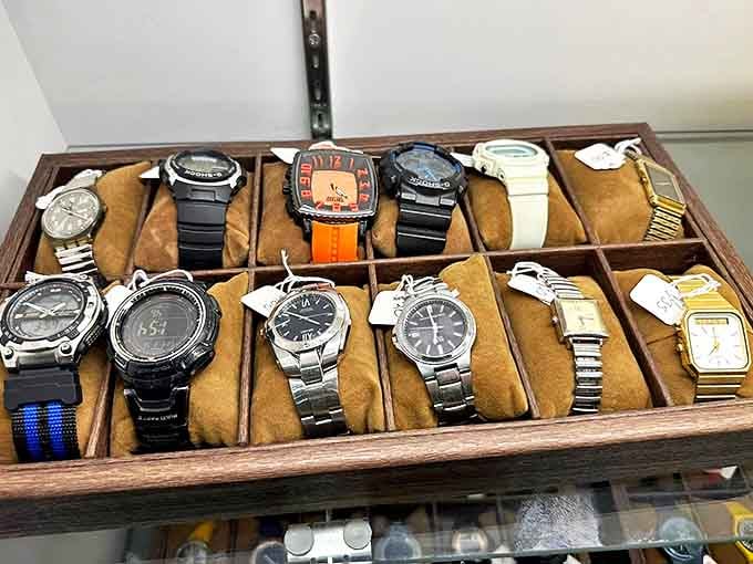 Time literally standing still. These wristwatches once counted down minutes to appointments, dates, and deadlines before retiring to this display.