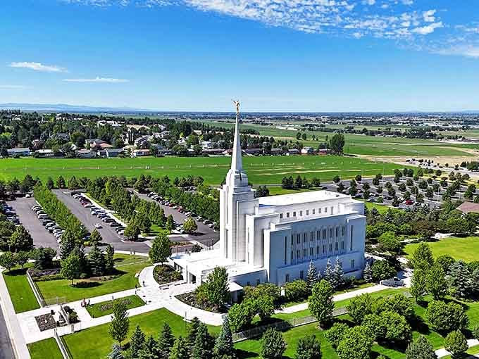 From above, Rexburg reveals itself as a perfect balance of human ingenuity and natural splendor, with the iconic temple standing as its crown jewel.