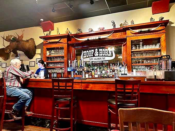 A bar backed by an impressive moose head &ndash; because nothing says "serious about steak" quite like serious about taxidermy too.