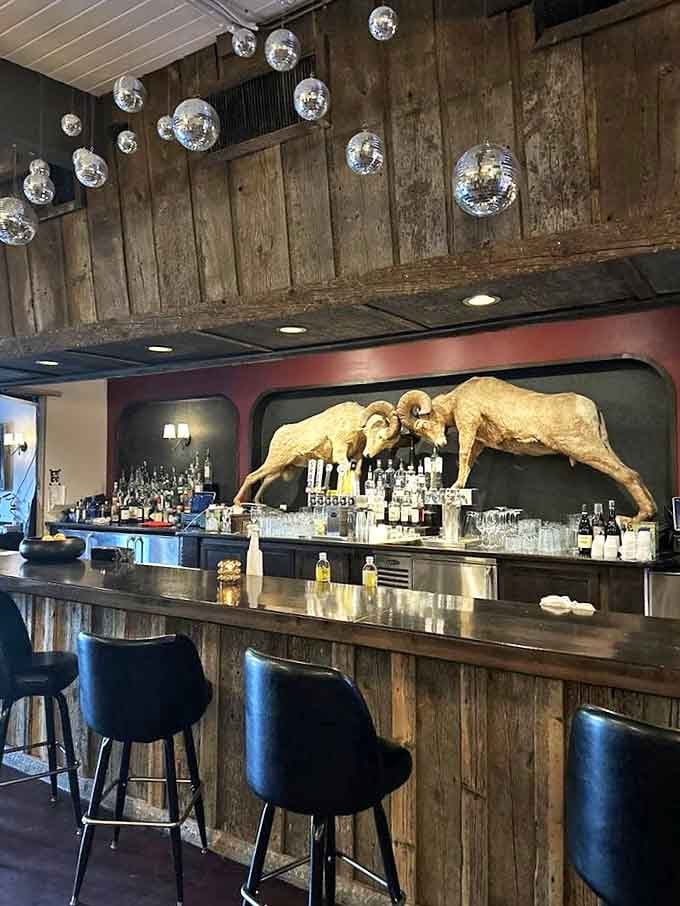 Even the bar area maintains that rustic Wyoming charm&mdash;where disco balls meet bighorn sheep in an only-in-Jackson design statement.