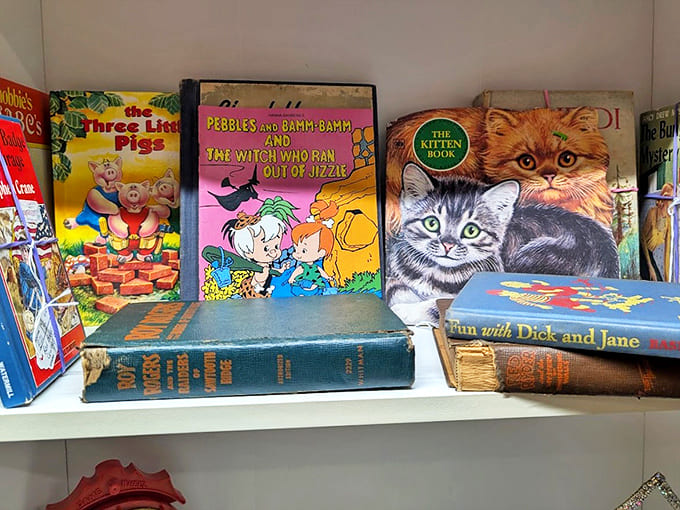 Childhood classics preserved on shelves. Those vintage books hold stories that entertained kids long before screens captured their attention.