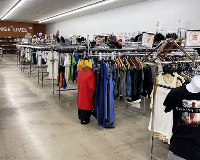 Racks on racks on racks! The clothing section stretches into infinity, promising treasure hunters the thrill of the perfect find.