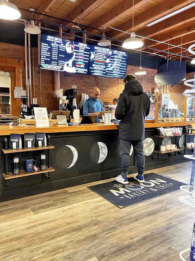 The counter where breakfast dreams come true. Those moon phases aren't just decoration&mdash;they're measuring your journey from hungry to happy.