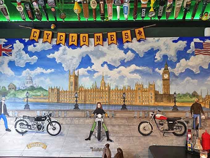 The mural bridges two worlds&mdash;Iowa State Cyclone pride meets London landmarks. It's cultural diplomacy through art, with motorcycles adding a dash of rebellious charm.