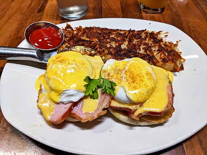 Benedict so perfect it should be canonized – poached eggs sporting hollandaise coats with the drape and flow of haute couture.