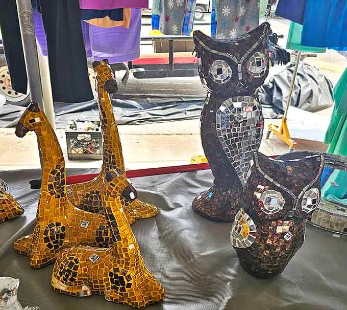 Mosaic menagerie&mdash;where giraffes and owls get the stained-glass treatment. Handcrafted kitsch that somehow transcends into genuine art.