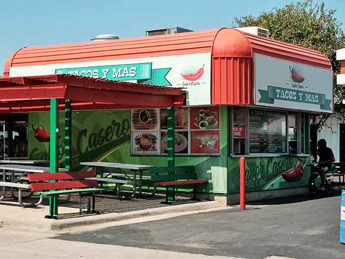 "Tacos y M&aacute;s" translates to "Happiness on a Plate." This cheerful food stand serves up authentic flavors that make waiting in shopping lines worthwhile.