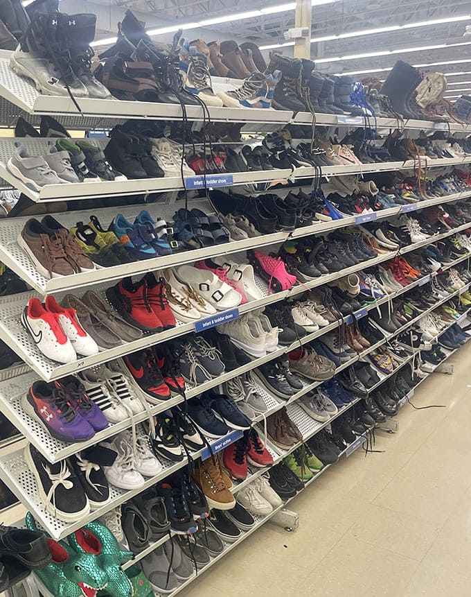 The footwear section: a veritable United Nations of shoes where hiking boots and dancing shoes find common ground.